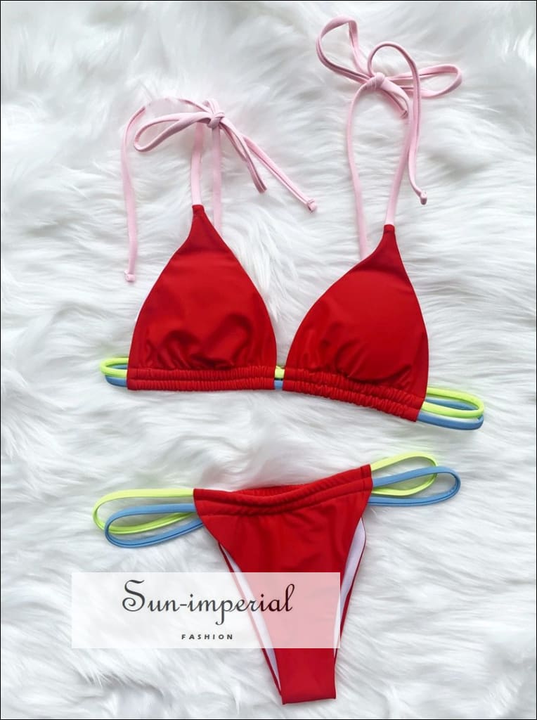 Sun Imperial Women Hot Pink Micro Bikini Thong With Neon Blue Yellow And Pink Triple Color