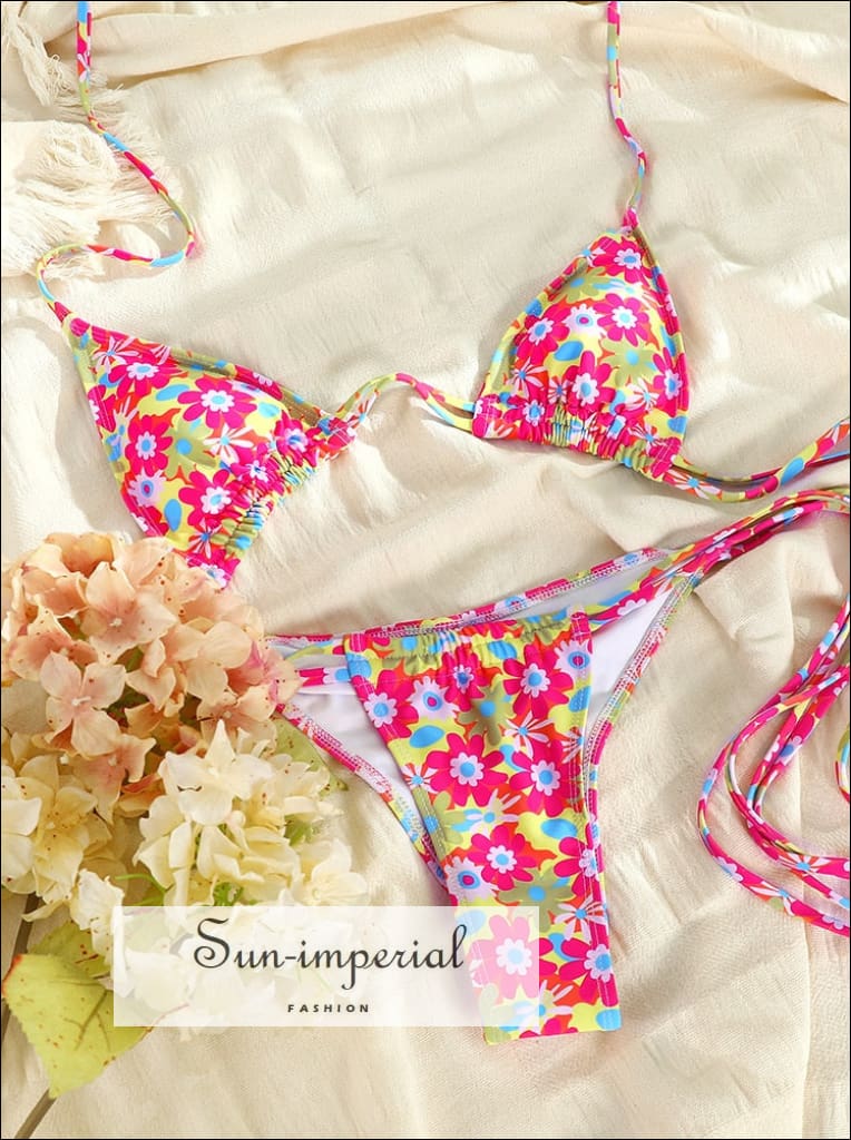 Sun-imperial - green bikini set with pink flowers print and center tie detail – Sun-Imperial