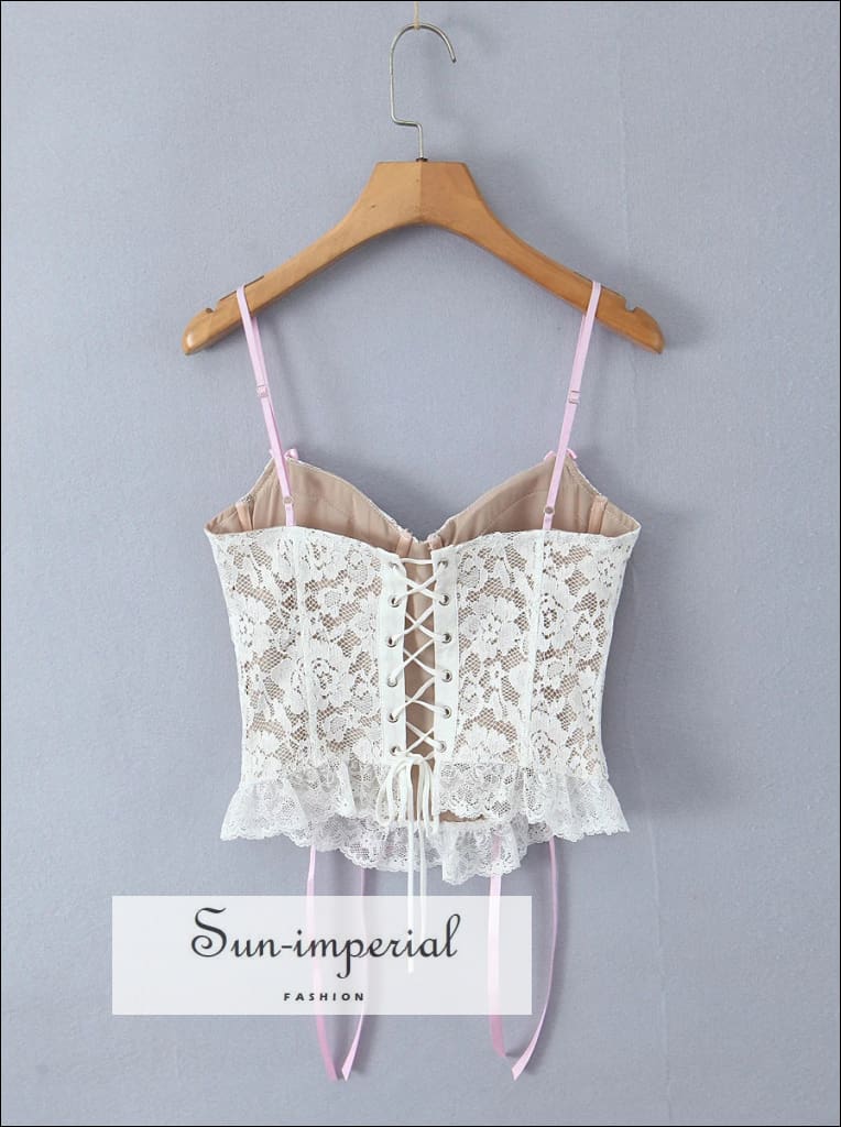 Sun-imperial - women's white lace corset style crop top with pink bow ...
