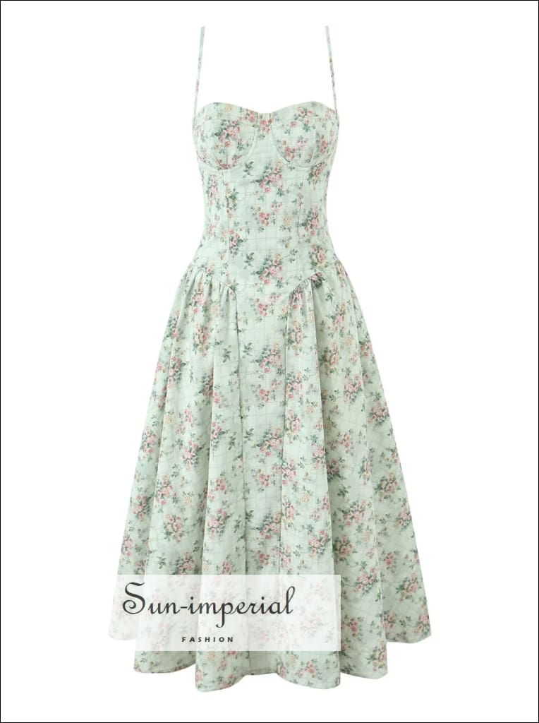 Sun-imperial - women's green floral wired corset style midi dress – Sun ...