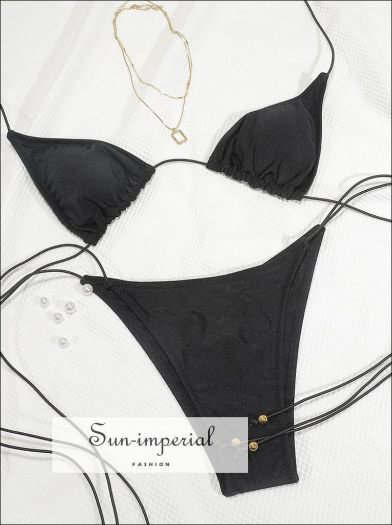 Sun-imperial - women’s pink triangle bikini set with gold beads details ...