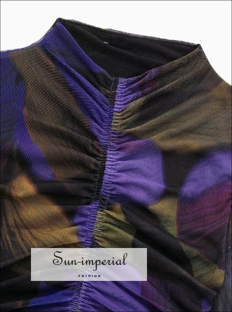 Sun-imperial - tie-dye mesh long sleeve mini dress with high collar and ...