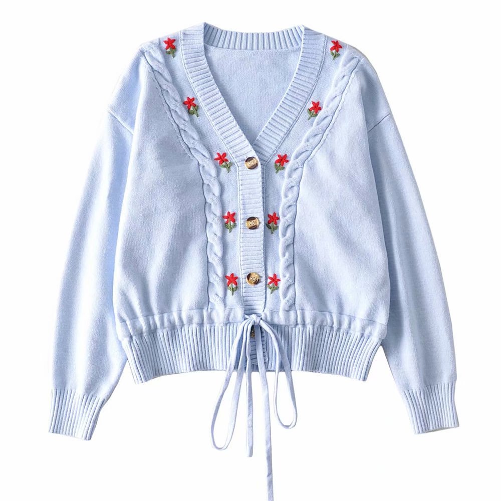 Women Pale Blue Single breasted Knitted Sweater With Embroidered Flora ...