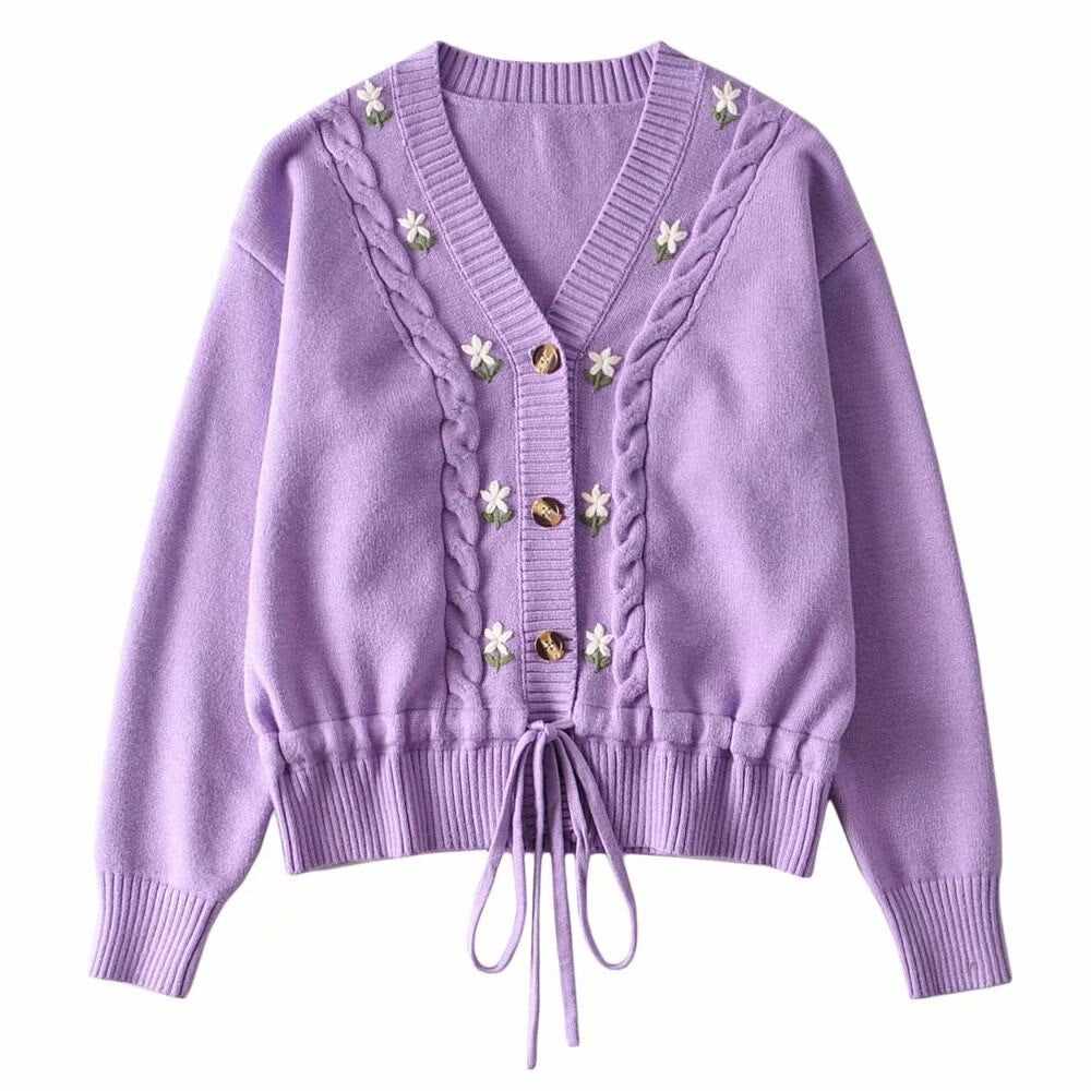 Women Pale Blue Single breasted Knitted Sweater With Embroidered Flora ...