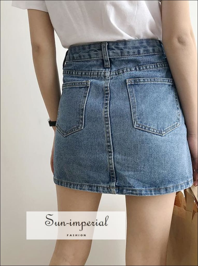 Sun-imperial - basic denim mini a-line skirt washed high waist jeans ...