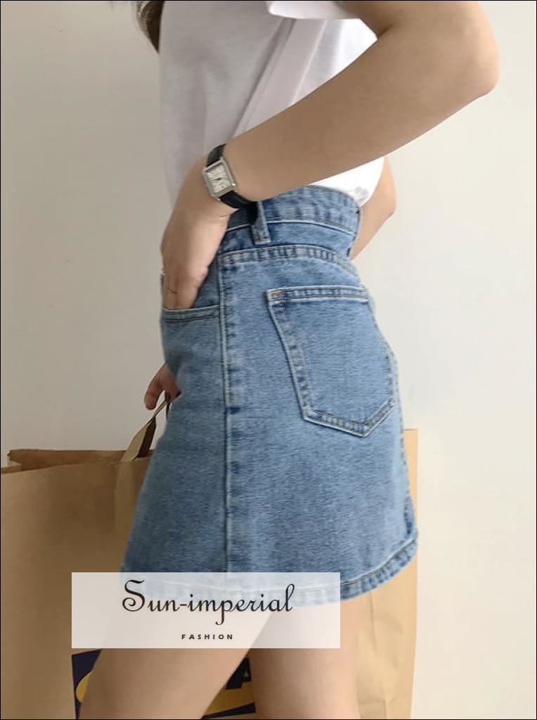 Sun-imperial - basic denim mini a-line skirt washed high waist jeans ...