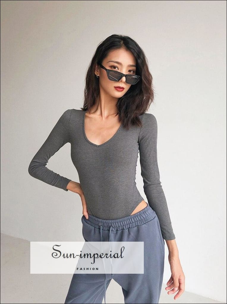 Sun-imperial - brown v neck long sleeve ribbed bodysuit – Sun-Imperial