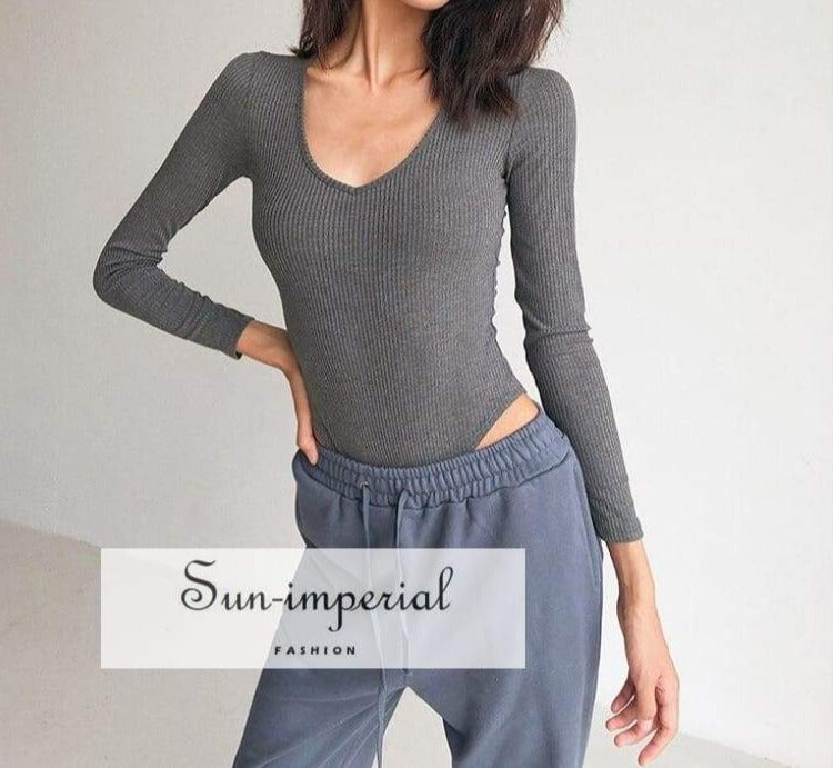 Sun-imperial - brown v neck long sleeve ribbed bodysuit – Sun-Imperial