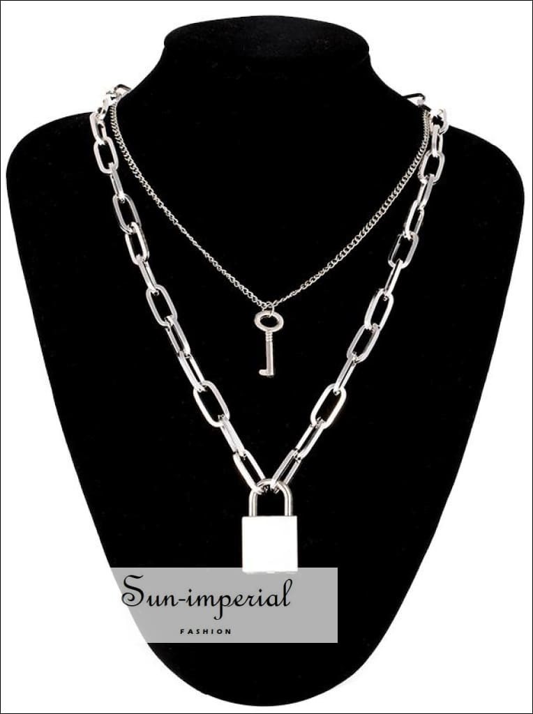 Sun-imperial - double layer lock chain necklace punk 90s silver color ...