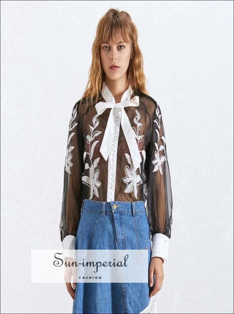 Sun-imperial - raven top - women sheer bow collar lantern sleeve ...
