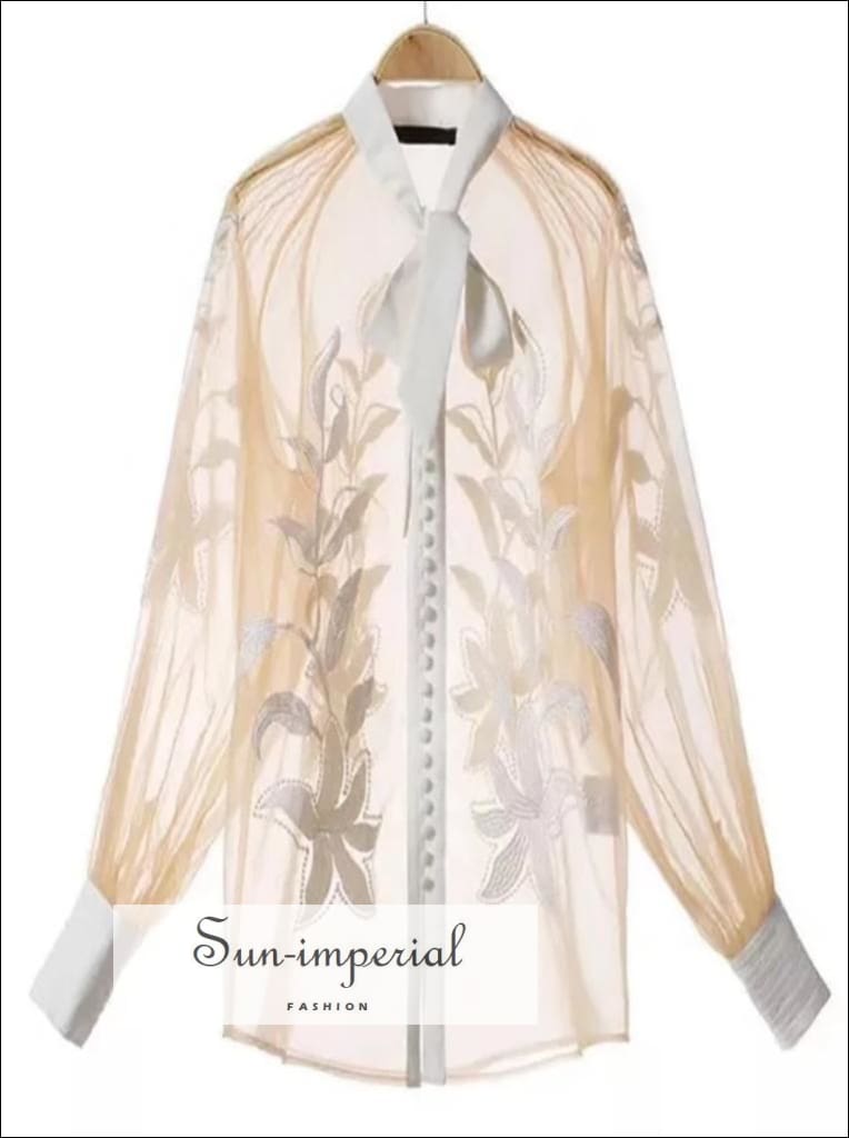 Sun-imperial - raven top - women sheer bow collar lantern sleeve ...