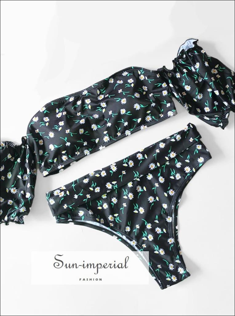 Sun-imperial - short puff sleeve retro floral bandeau high waist bikini ...