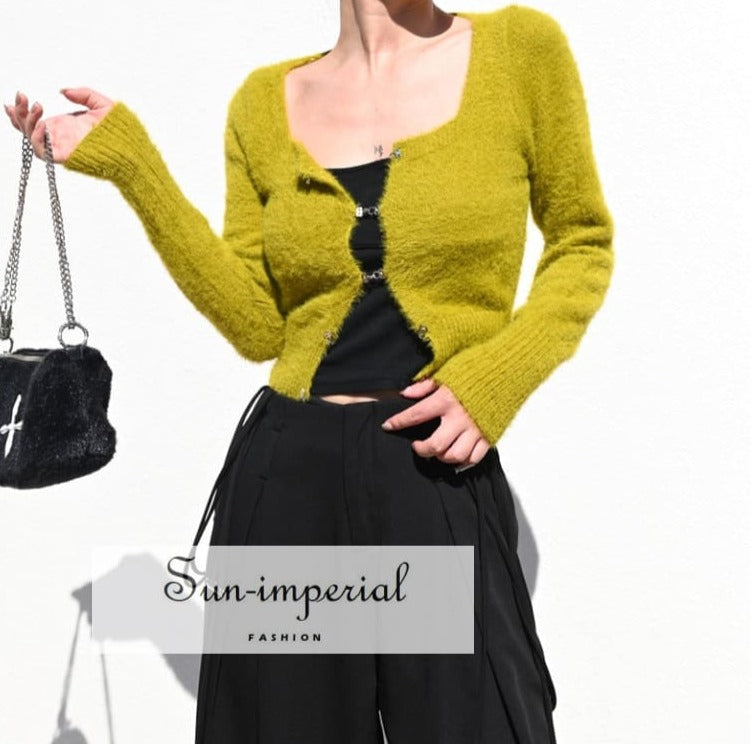 Sun-imperial - women cropped fluffy knit cardigan top with square neck ...
