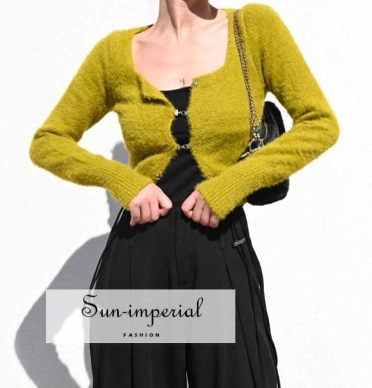 Sun-imperial - women cropped fluffy knit cardigan top with square neck ...