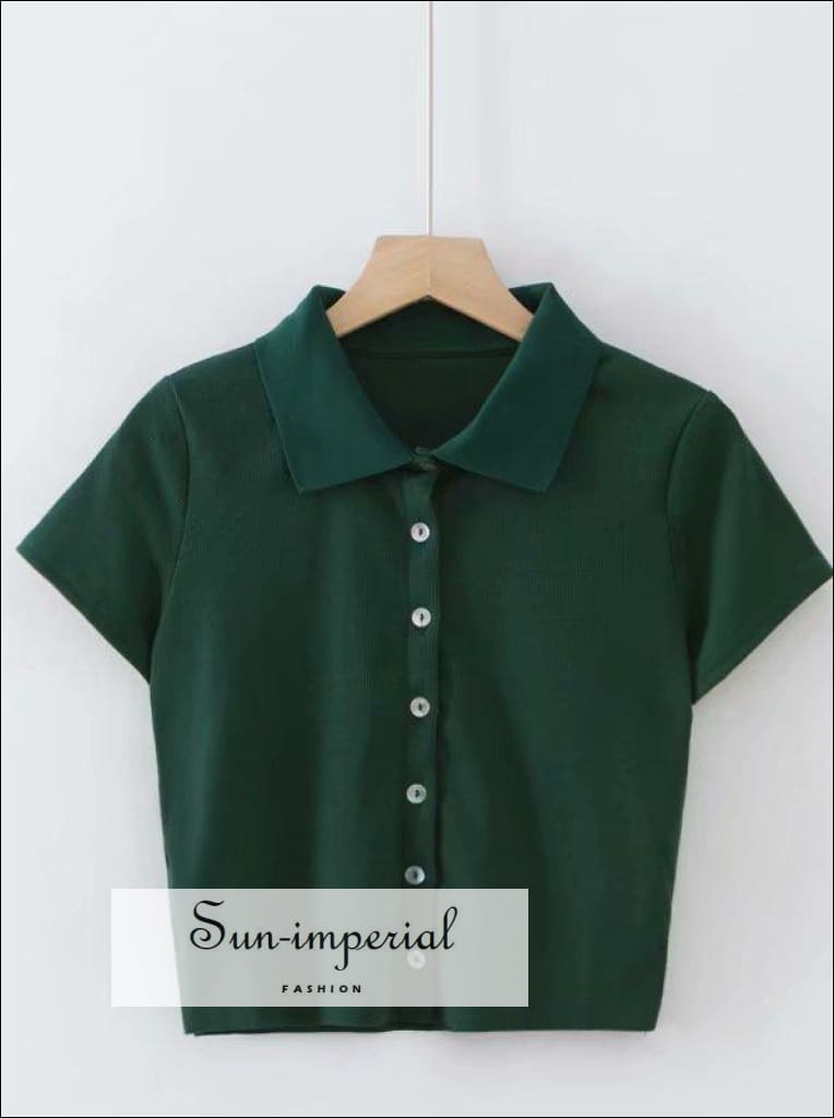 Sun-imperial - women short sleeve collared button up crop top opaque ...
