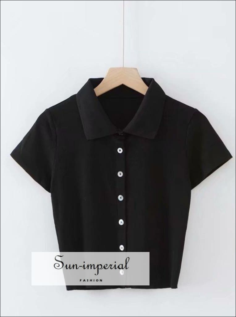 Sun-imperial - women short sleeve collared button up crop top opaque ...